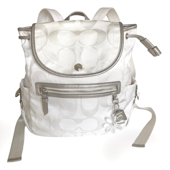 Coach | Bags | Coach Signature Daisy Kyra White Satin Canvas Leather ...